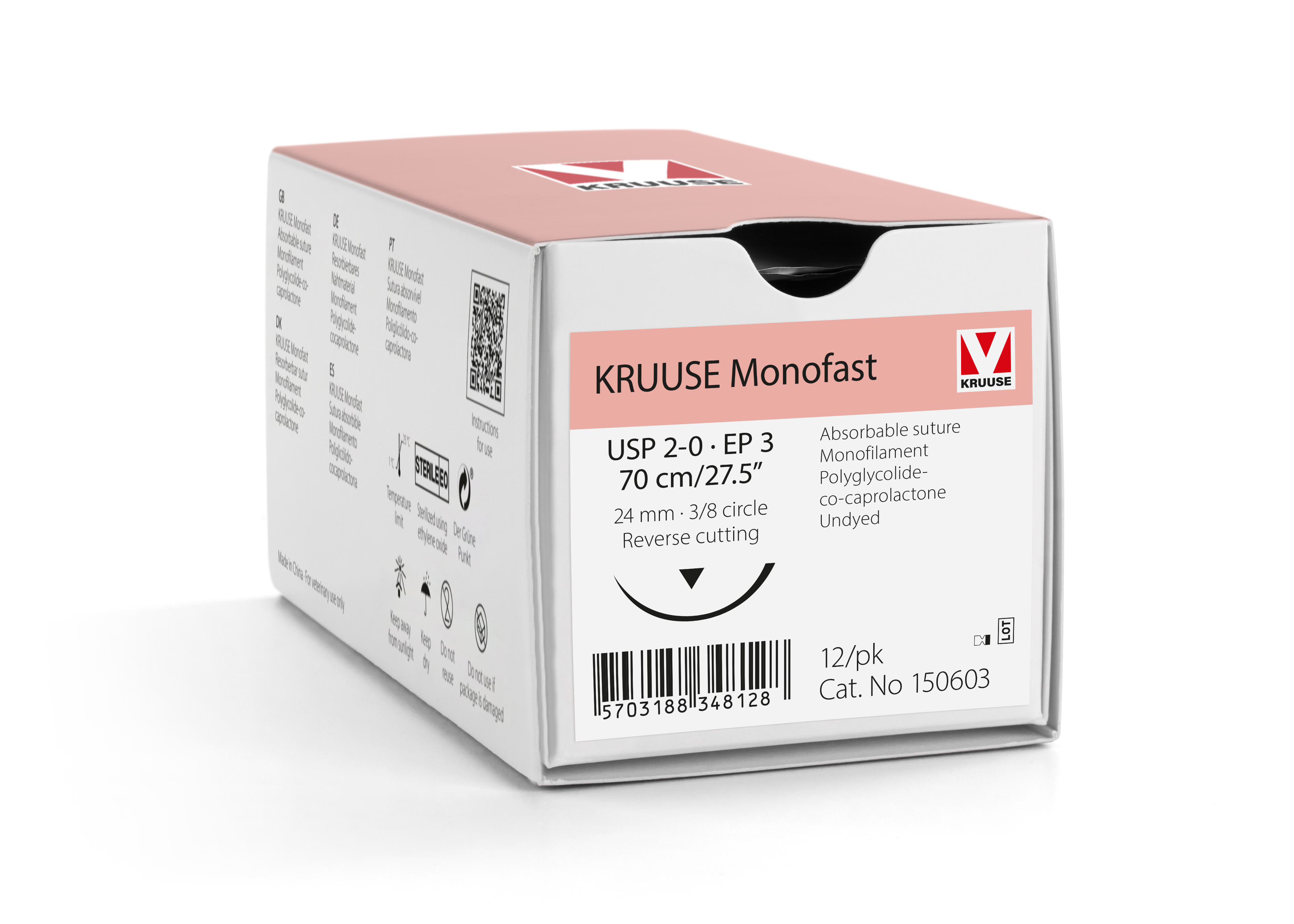 KRUUSE Monofast Suture, USP 2-0/EP 3, 70 cm/27.5", undyed, 24 mm needle ...