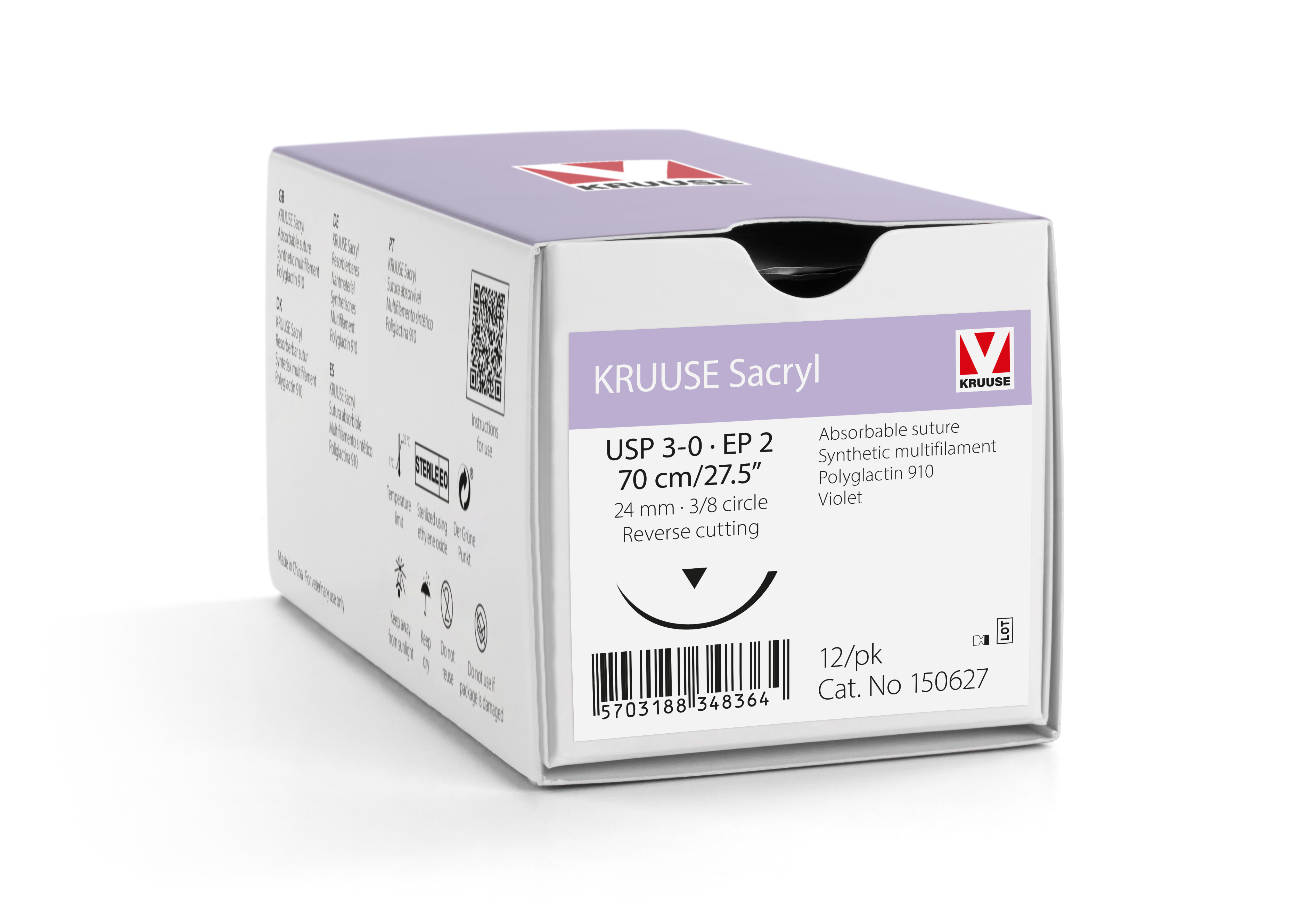 KRUUSE Sacryl Suture, USP 3-0/EP 2, 70 cm/27.5", violet, 24 mm needle, 3/8 circle, reverse ...