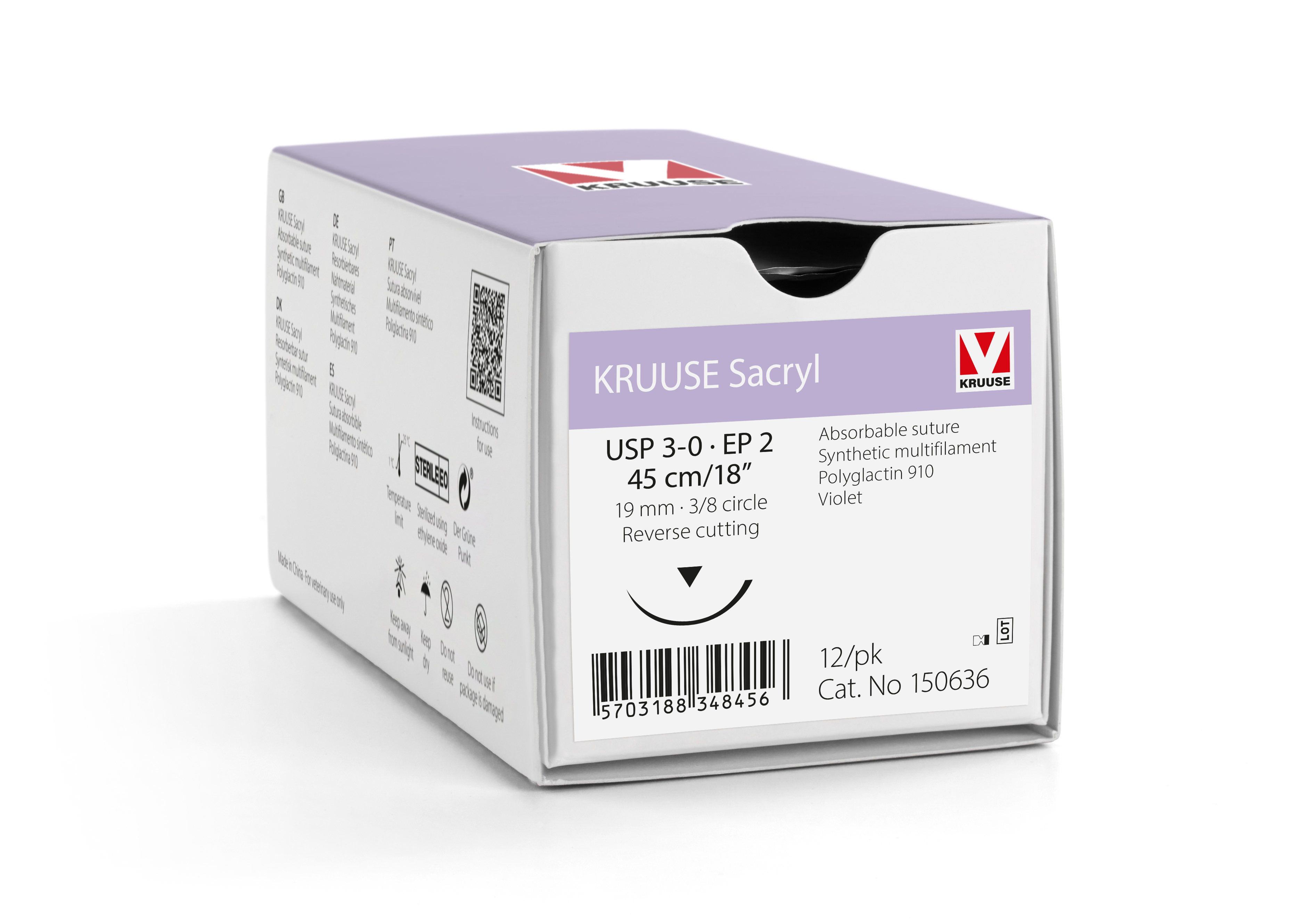 KRUUSE Sacryl Suture, USP 3-0/EP 2, 45 cm/18", violet, 19 mm needle, 3/ ...