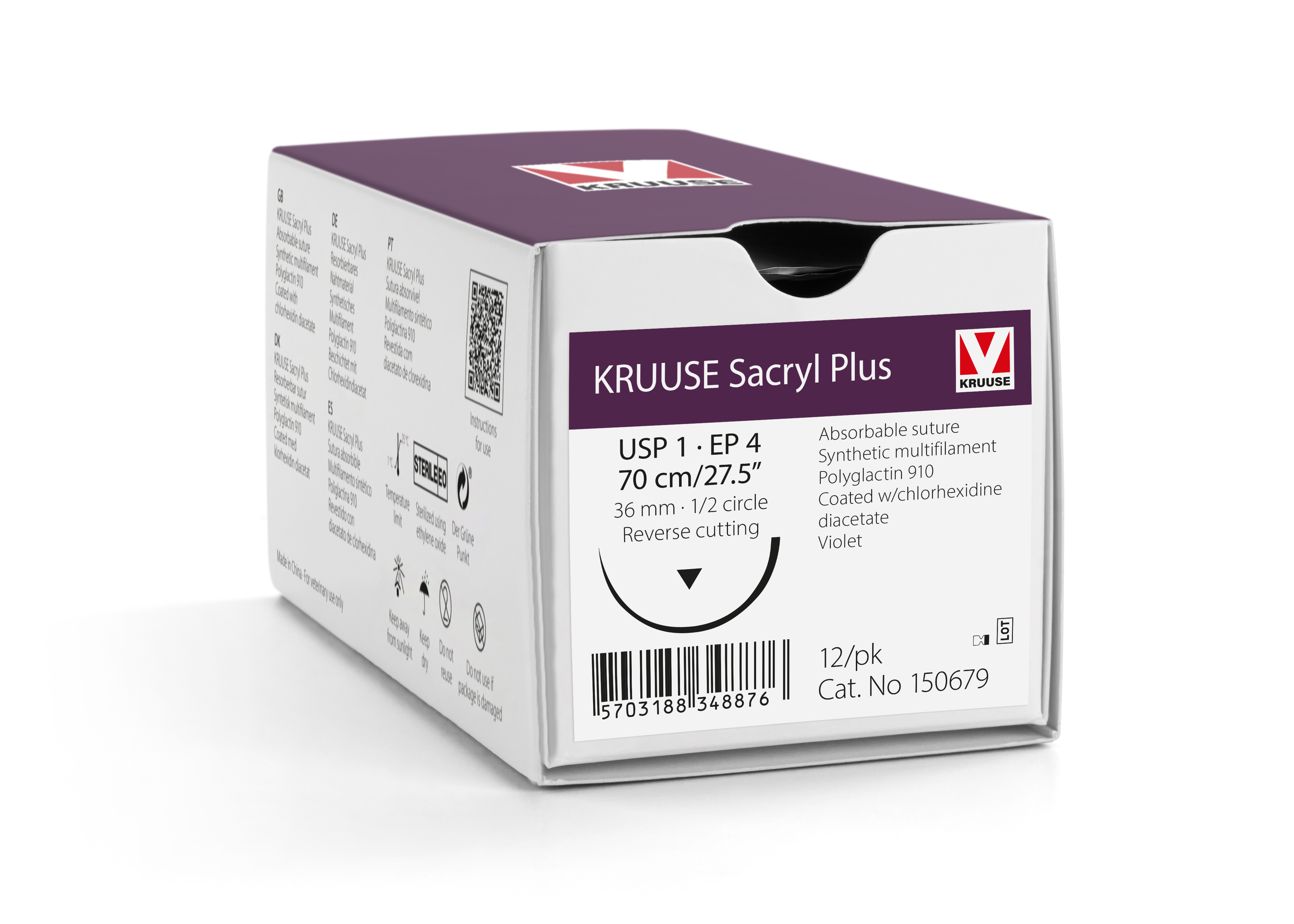 KRUUSE Sacryl Plus Suture, USP 1/EP 4, 70 cm/27.5", violet, 36 mm ...