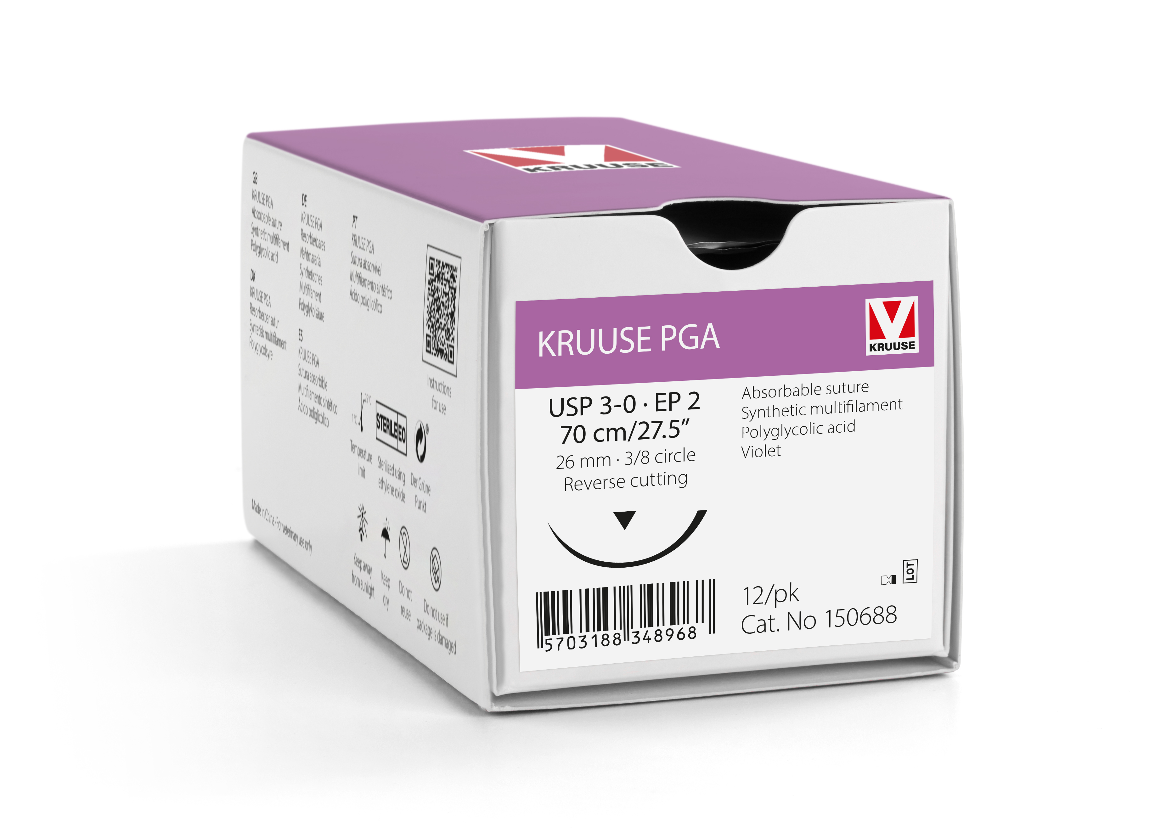 KRUUSE PGA Suture, USP 3-0/EP 2, 70 cm/27.5", violet, 26 mm needle, 3/8 circle, reverse cutting ...