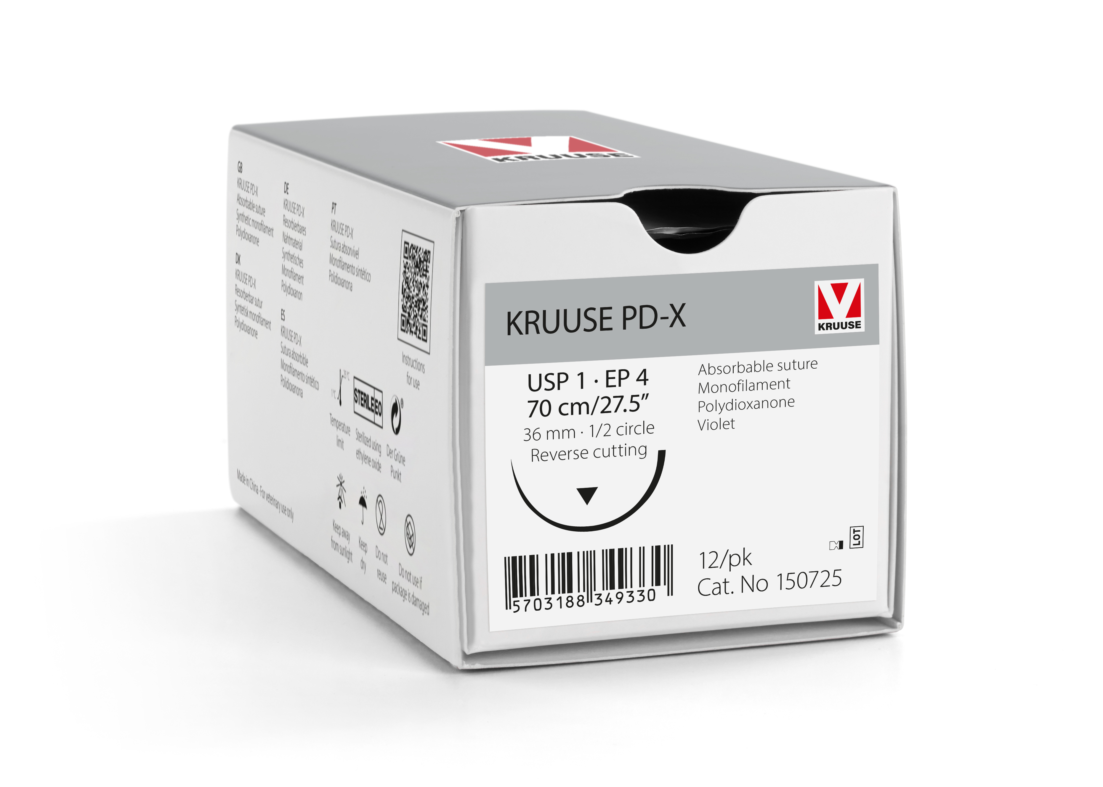 KRUUSE PD-X Suture, USP 1/EP 4, 70 cm/27.5", violet, 36 mm, 1/2 circle ...