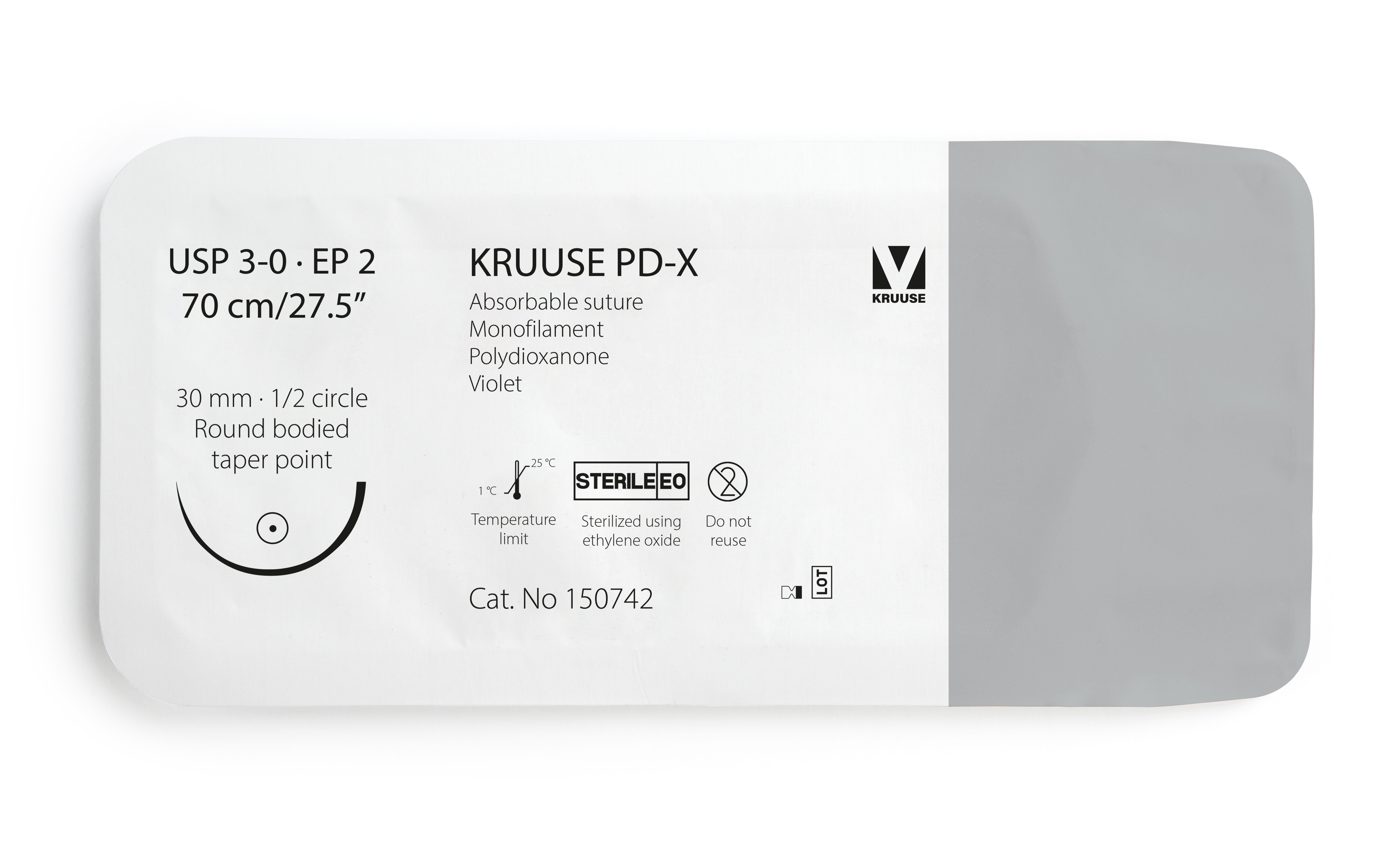 KRUUSE PD-X Suture, USP 3-0/EP 2, 70 cm/27.5", violet, 30 mm needle, 1/ ...
