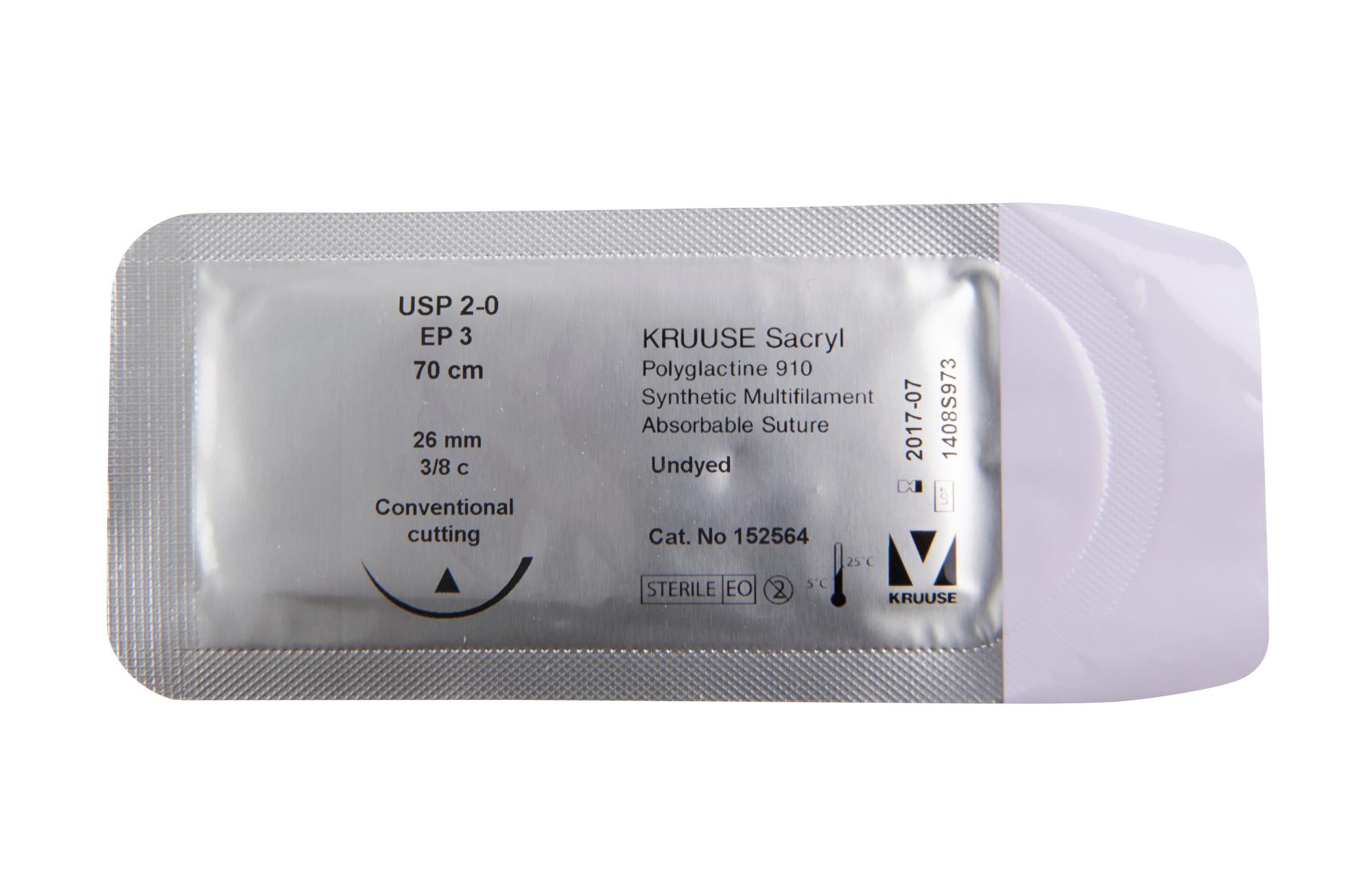KRUUSE Sacryl suture, USP 2-0, 70 cm, undyed, 26 mm, 3/8C