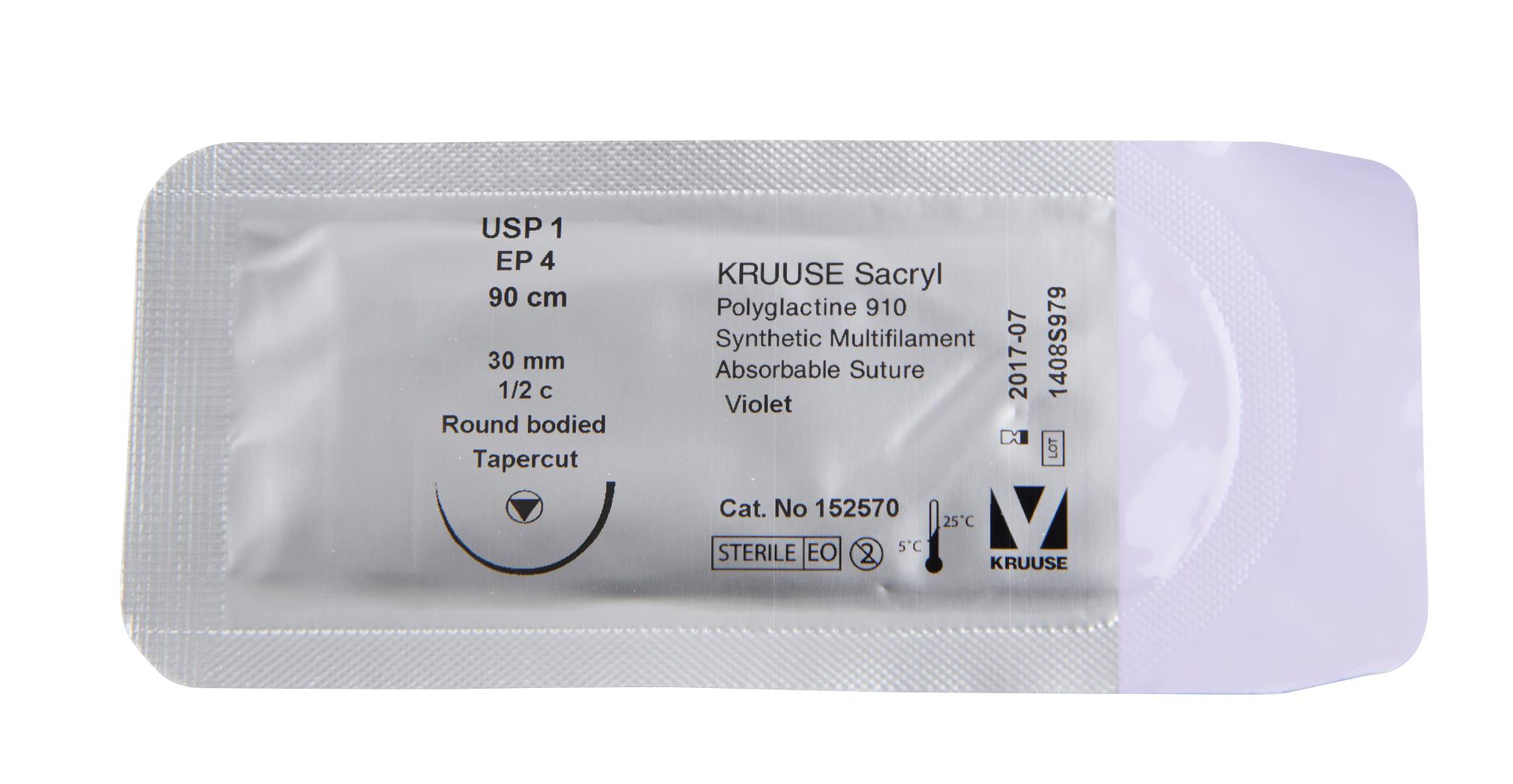 KRUUSE Sacryl suture, USP 1, 90 cm, 30 mm, ½C, RB, Tapercut