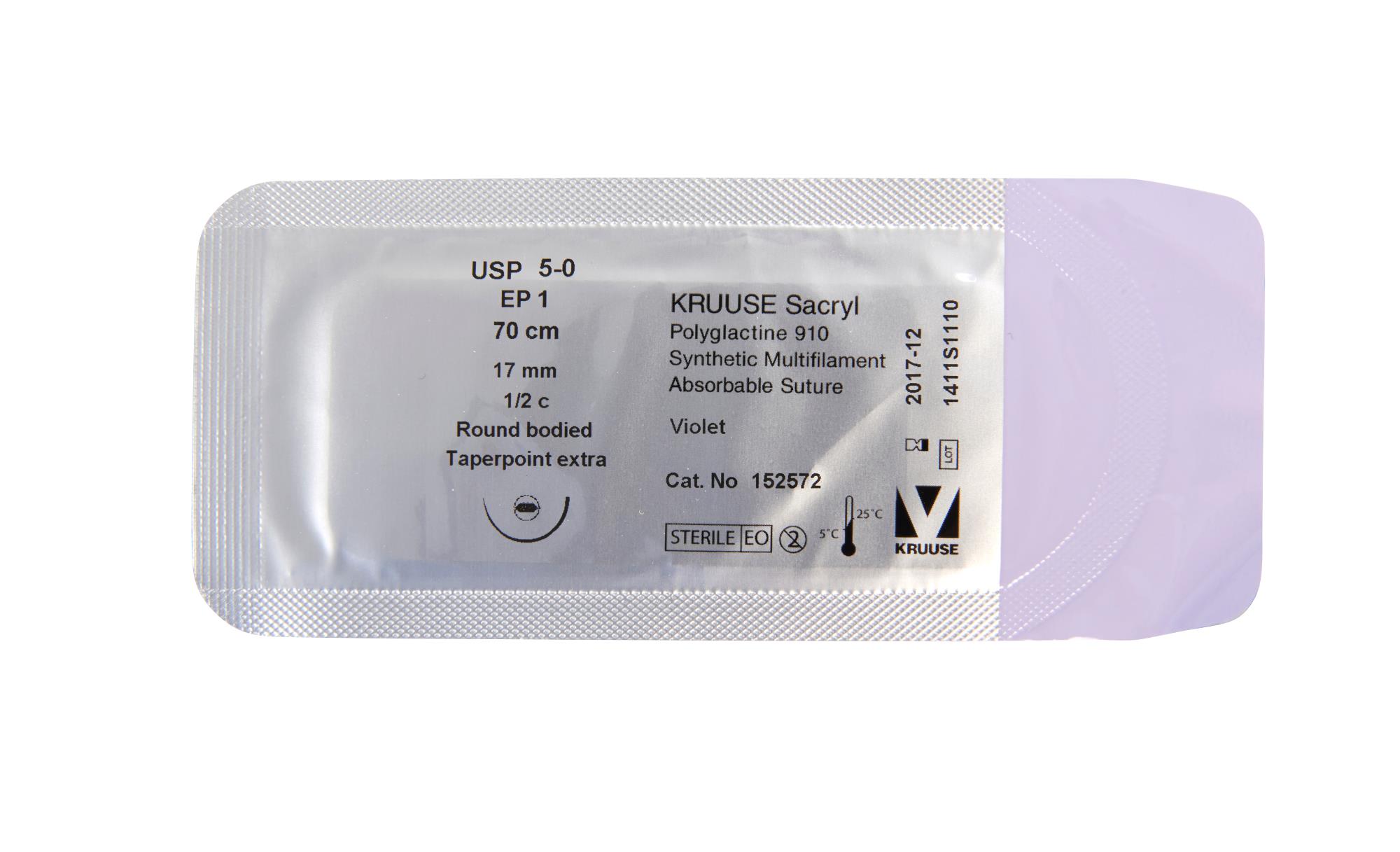 KRUUSE Sacryl suture, USP 5-0, 70 cm violet, 17 mm needle