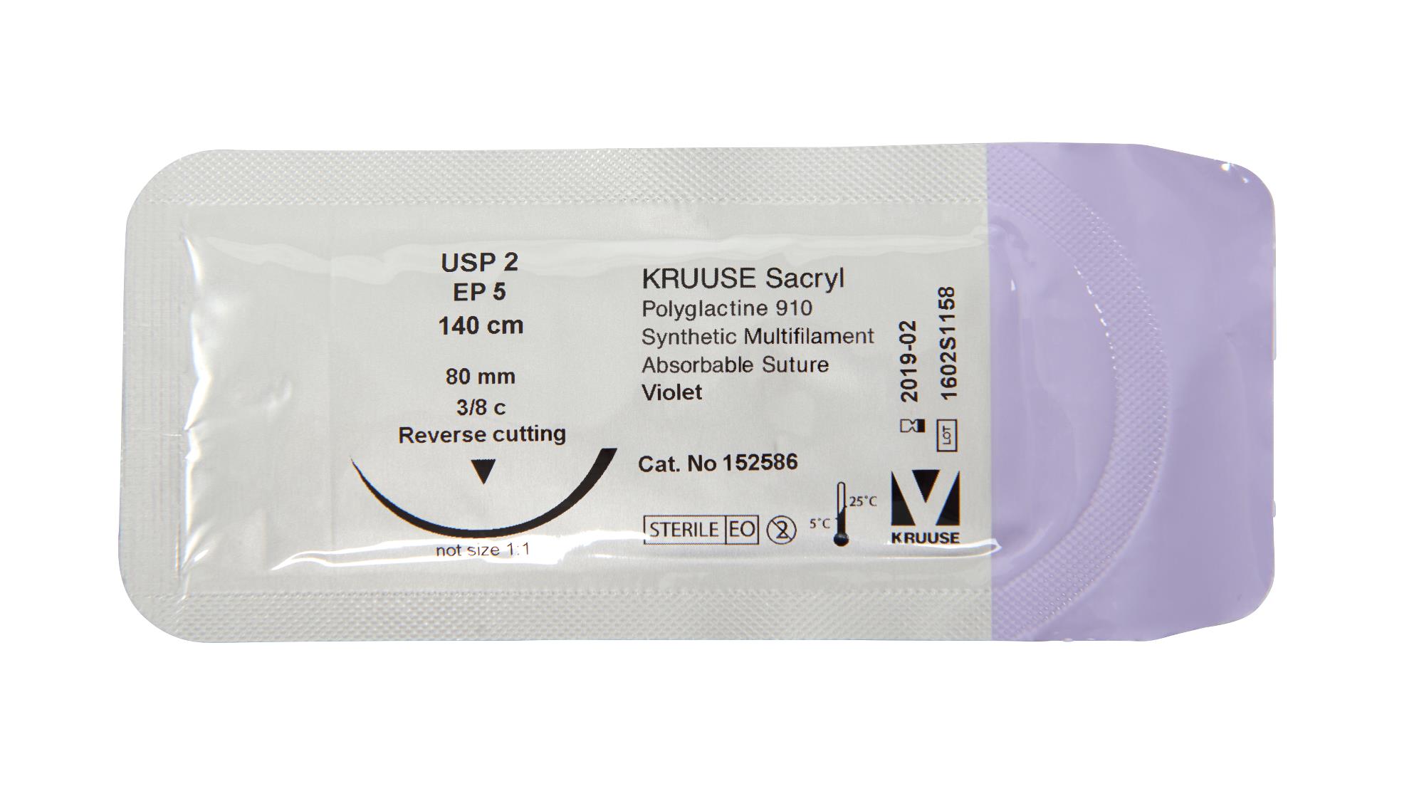 KRUUSE Sacryl suture, USP 2, 140 cm, 80 mm needle, 3/8 C