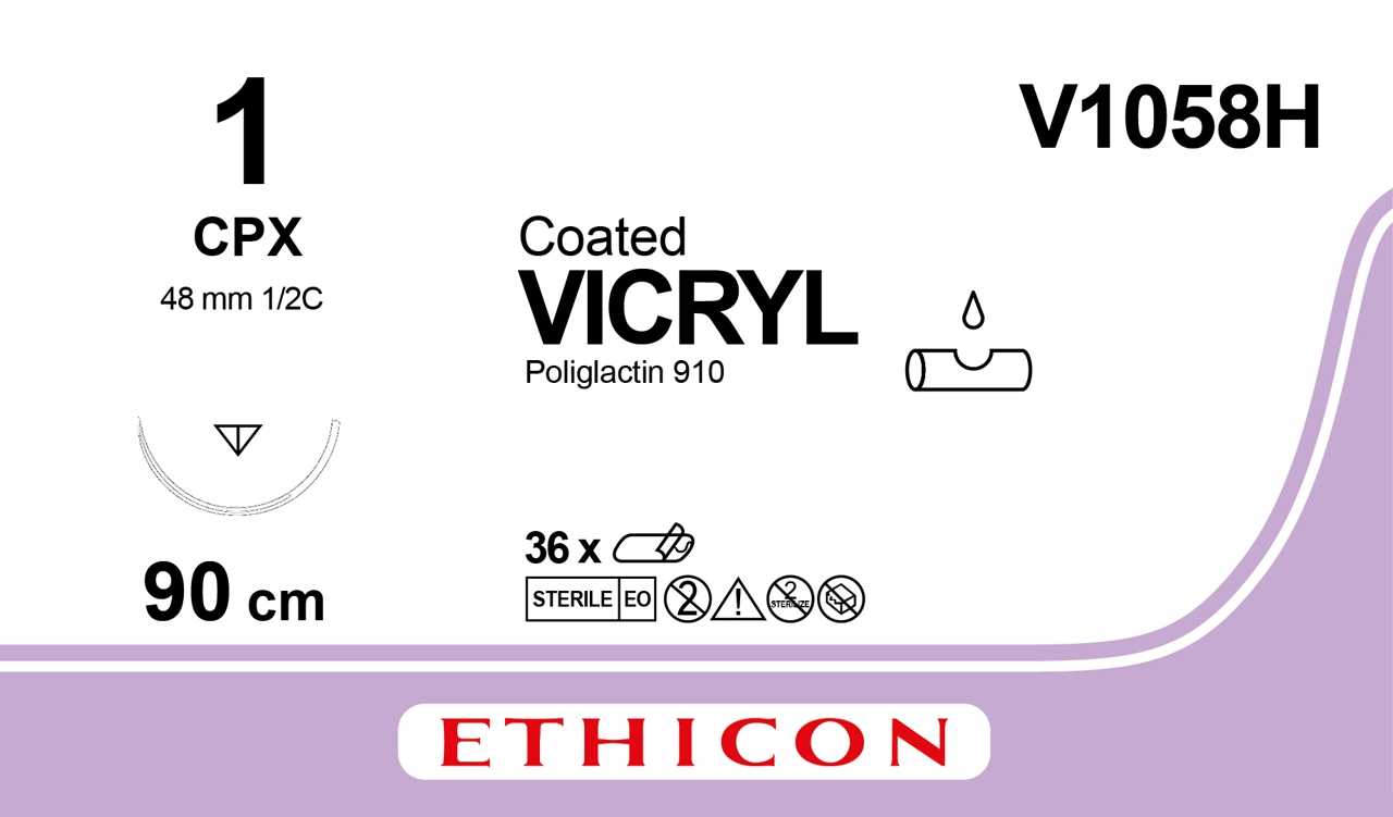 Ethicon Vicryl, 1, CPX, 48 mm, lilla, 90 cm, [V1058H] 36 stk